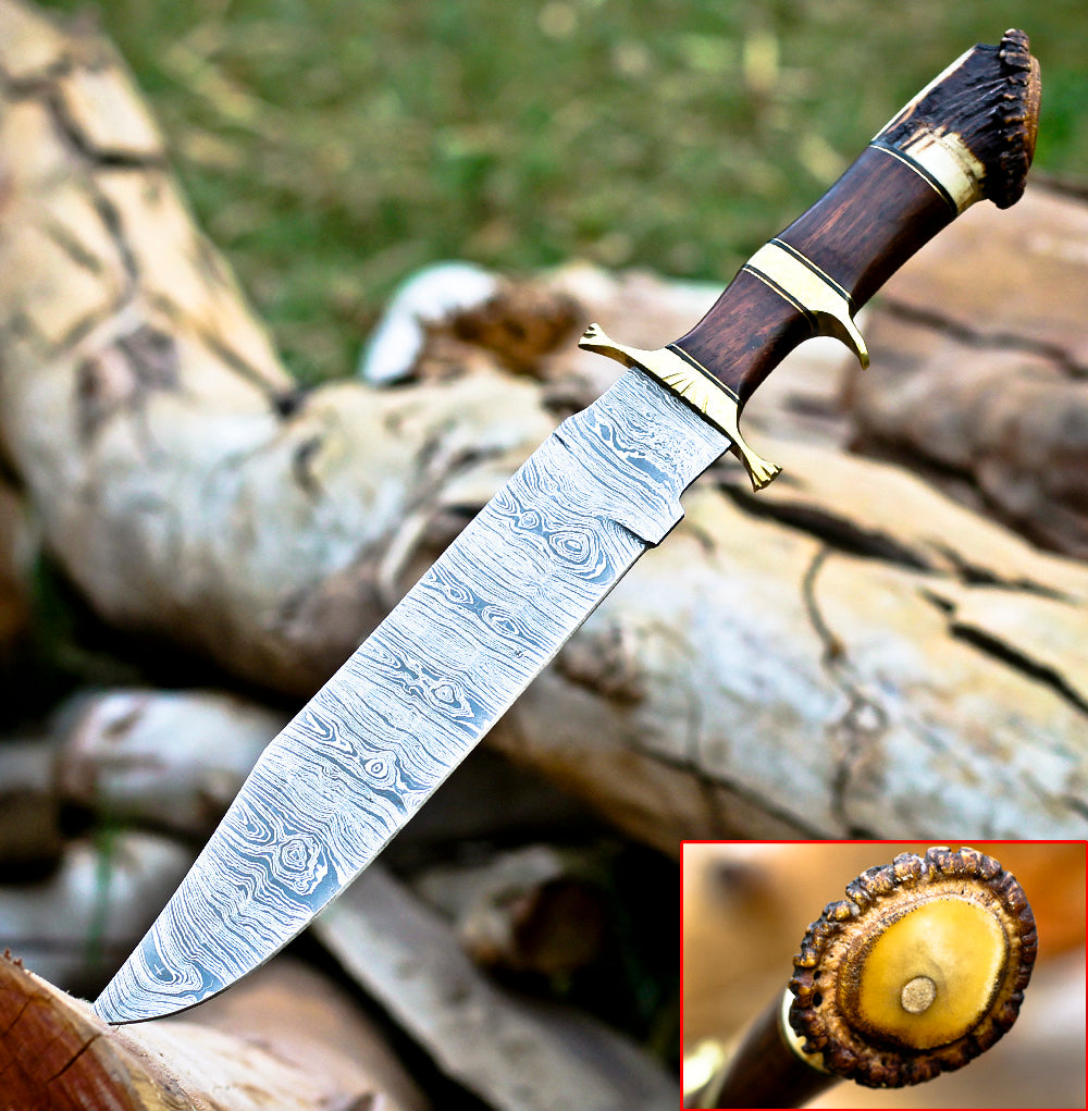 Handmade Forged Damascus Steel Hunting Bowie Rambo Knife with Deer Cro ...