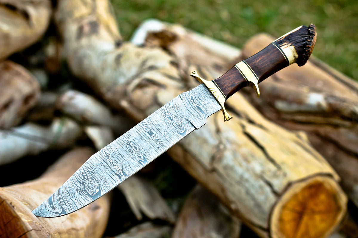 Handmade Forged Damascus Steel Hunting Bowie Rambo Knife with Deer Cro ...