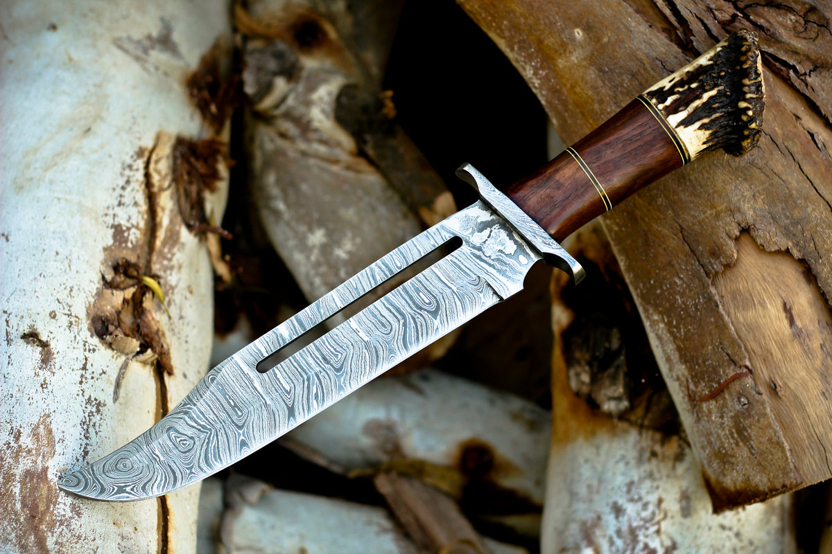 Handmade Forged Damascus Steel Hunting Bowie Rambo Knife With Deer Sta ...