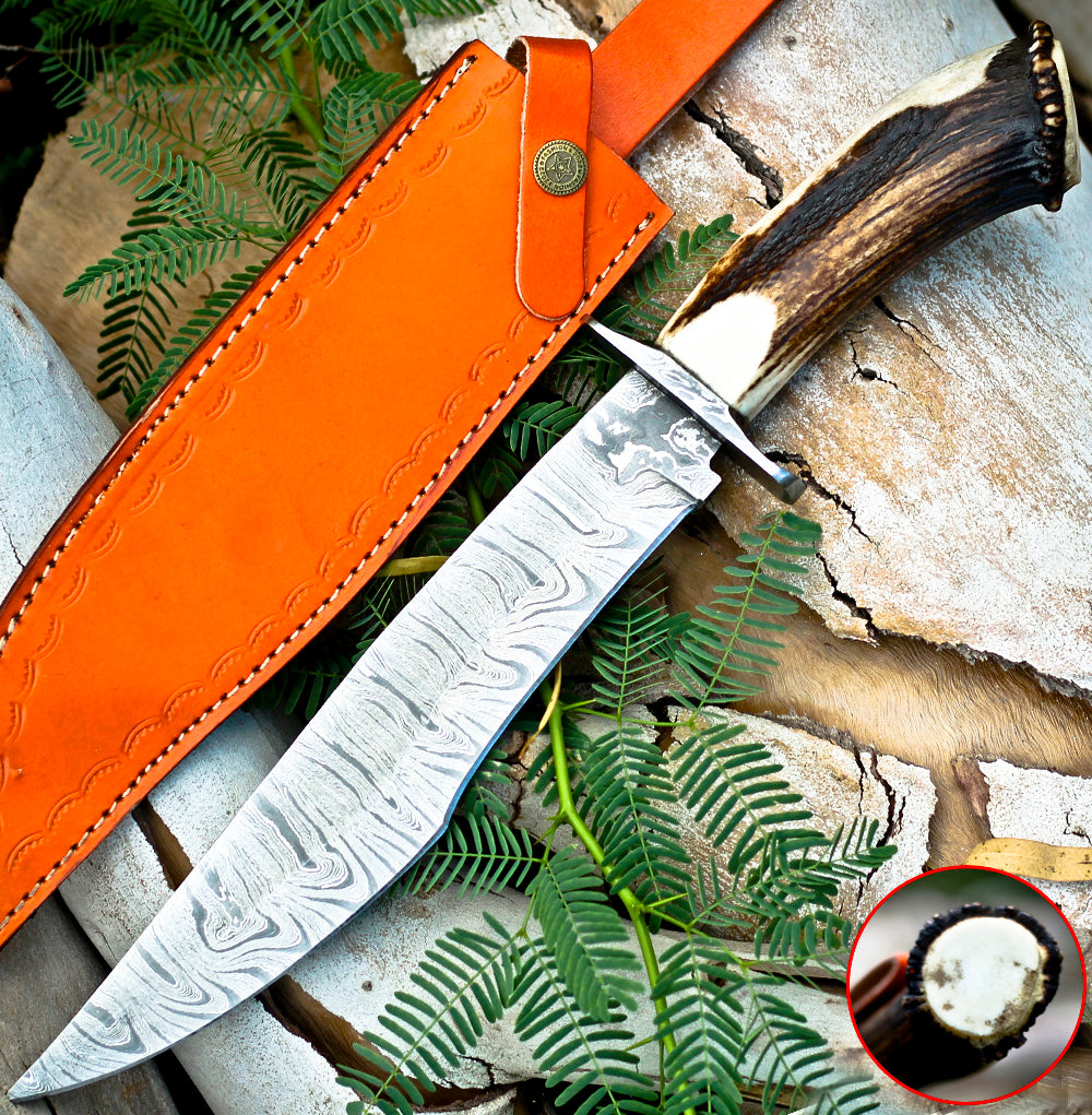 HANDMADE FORGED DAMASCUS Steel Hunting Bowie Rambo Knife Deer Stag Cro ...