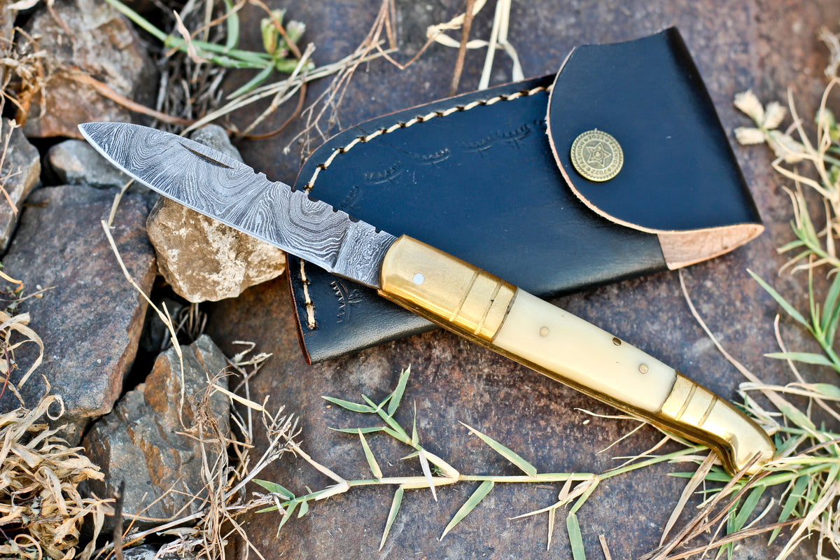 Hand Forged Damascus Steel Camel Bone Handle Pocket Knife With Genuine ...