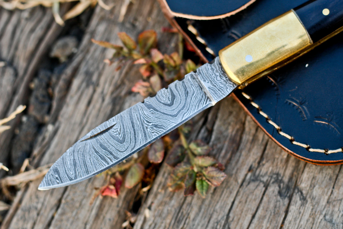 Hand Forged Damascus Steel bull horn Handle Pocket Knife With Genuine ...